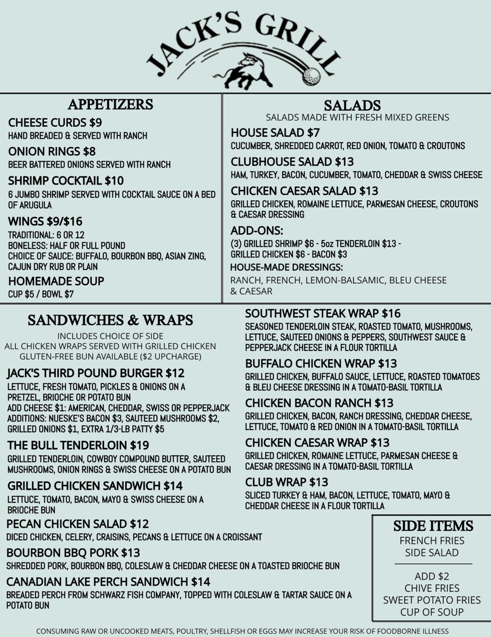 Jacks Grill Menu - Golf the Bull
